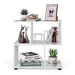 Giantex 3-Tier Geometric Bookshelf, 24’’ Tall Wood S-Shaped Display Shelves with Thick Foot Pads, Freestanding Open Shelves Nightstand, Floor Standing Display Shelf Bookcase