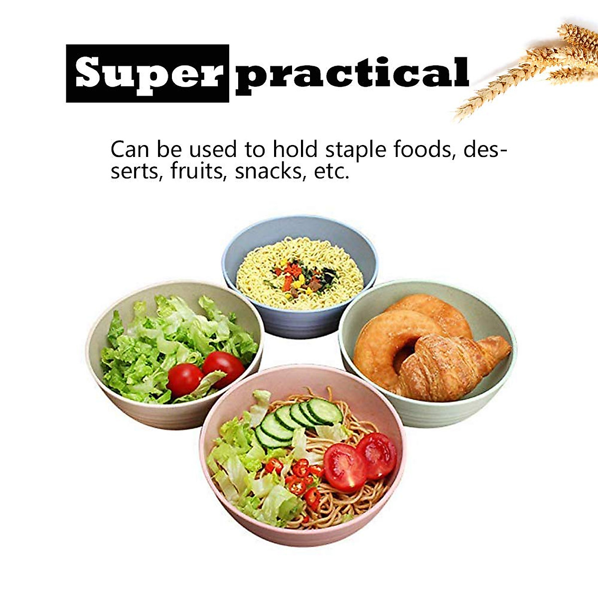 4 PCS 6inch Lightweight Wheat Straw Bowl, Unbreakable Cereal Pasta Bowls Microwave& Dishwasher Safe, Reusable Tableware Dinnerware Fruit Snack Container (GREEN)