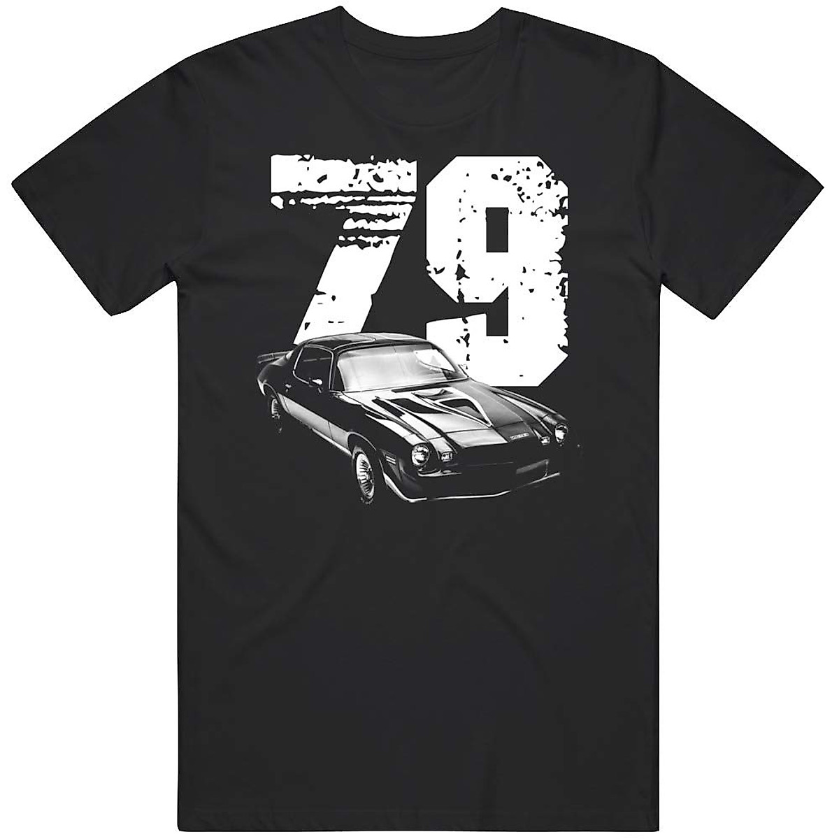 PurpleMonkeyTees 1979 Camaro Z28 Front Three Quarter View with Year T Shirt XL Black
