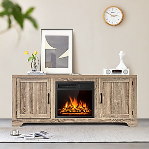 Tangkula 58-Inch Fireplace TV Stand, Media Entertainment Center with TVs up to 65 Inches, 750W/1500W 18-Inch Electric Fireplace with 7-Level Flame Brightness, Dual Control, Farmhouse TV Console