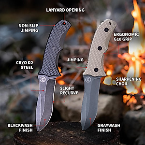 Off-Grid Knives - Backcountry Coyote V2 Fixed Blade - Cryo D2 Steel Knife with Graywash Finish, Full Tang, Coyote Tan G10 Scales, Kydex Sheath, Bushcraft, Hunting, Survival, Camping, Tactical Use