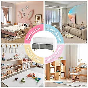 GOAWGO Kids Bookshelf Toy Storage Organizer with Collapsible Fabric Drawers, Wood Children Bookcase, Toy and Book Storage Display Organizer for Playroom,Bedroom, Nursery School (White+Gray)