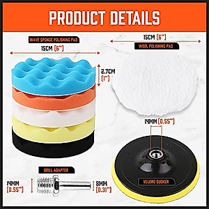HORUSDY 6" Buffing Pad Kit, Polishing Pad Kit for 6 Inch Backing Plate Compound Buffing Sponge and Woolen Pads Cutting Polishing Pad Kit for Car Buffer Polisher, Polishing and Waxing.