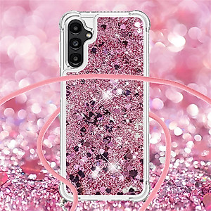 Ephoou Glitter Case for Samsung Galaxy A14 with Adjustable Lanyard Neck Strap, Sparkle Transparent Quicksand Waterfall Soft TPU Liquid Cover for Samsung Galaxy A14 4G/ 5G LSGS-Rose Gold