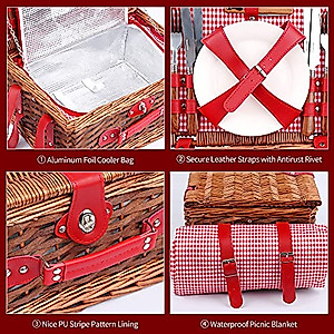 Wicker Picnic Basket Set for 4 Persons with Large Insulated Cooler Bag and Waterproof Picnic Blanket, Willow Picnic Hamper for Family, Outdoor, Camping, Party(Red)