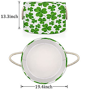 St. Patrick's Day Green Clover Leaves Large Round Baskets for Storage Laundry Baskets with Handles Blanket Storage Basket for Bathroom Shelves Bins for Organizing Nursery Hamper Girl Boy