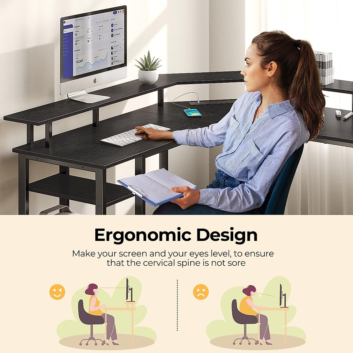 Rolanstar L Shaped Gaming Desk with LED Lights & Power Outlets, 56" Computer Desk with Full Monitor Stand & Storage Shelf, Corner Desk with Hooks, Black Desk Reversible