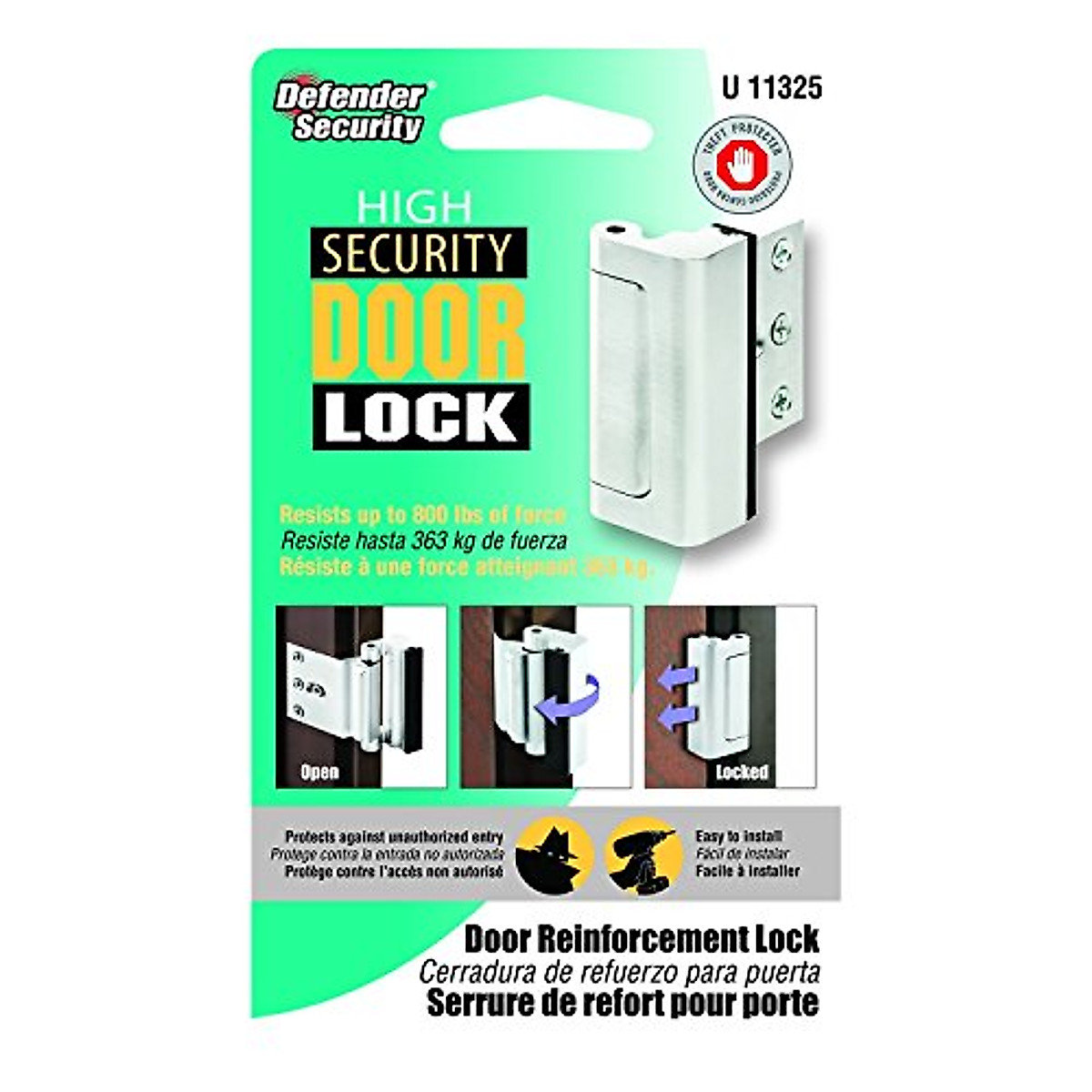 Defender Security U 11325 Door Reinforcement Lock – Add Extra, High Security to your Home and Prevent Unauthorized Entry – 3” Stop, Aluminum Construction, Brushed Chrome (Single Pack)