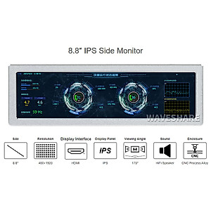 for All Raspberry Pi/AI Computer Jetson Nano/PC Windows 11/10 / 8.1/8 / 7, 8.8" IPS Side Monitor 480x1920 No Touch HDMI Display Port Built-in HiFi Speaker, with CNC Process Alloy Enclosure