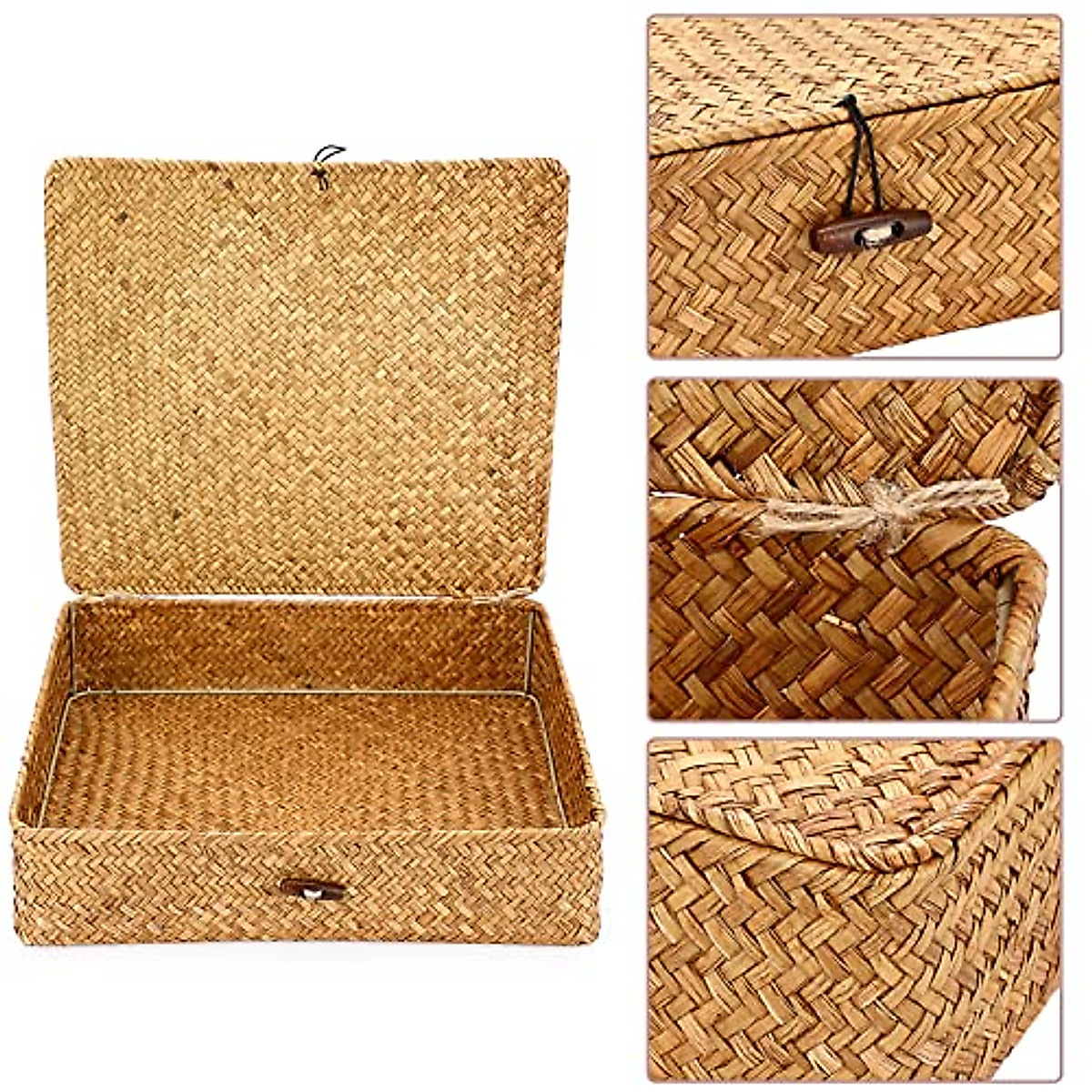 Hipiwe Flat Woven Wicker Basket Bins with Lid X-Large Natural Seagrass Storage Basket Box Multipurpose Household Basket Bins Boxes for Shelf Wardrobe Organizer, Caramel