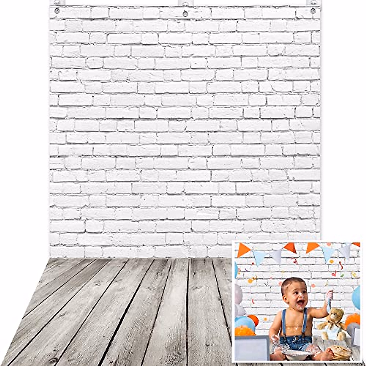 GiuMsi Polyester 5x7.7FT White Brick Wall with Wooden Floor Photography Backdrop with 3 Hooks for Baby Shower Newborn Portrait Photo Background Shoot Props