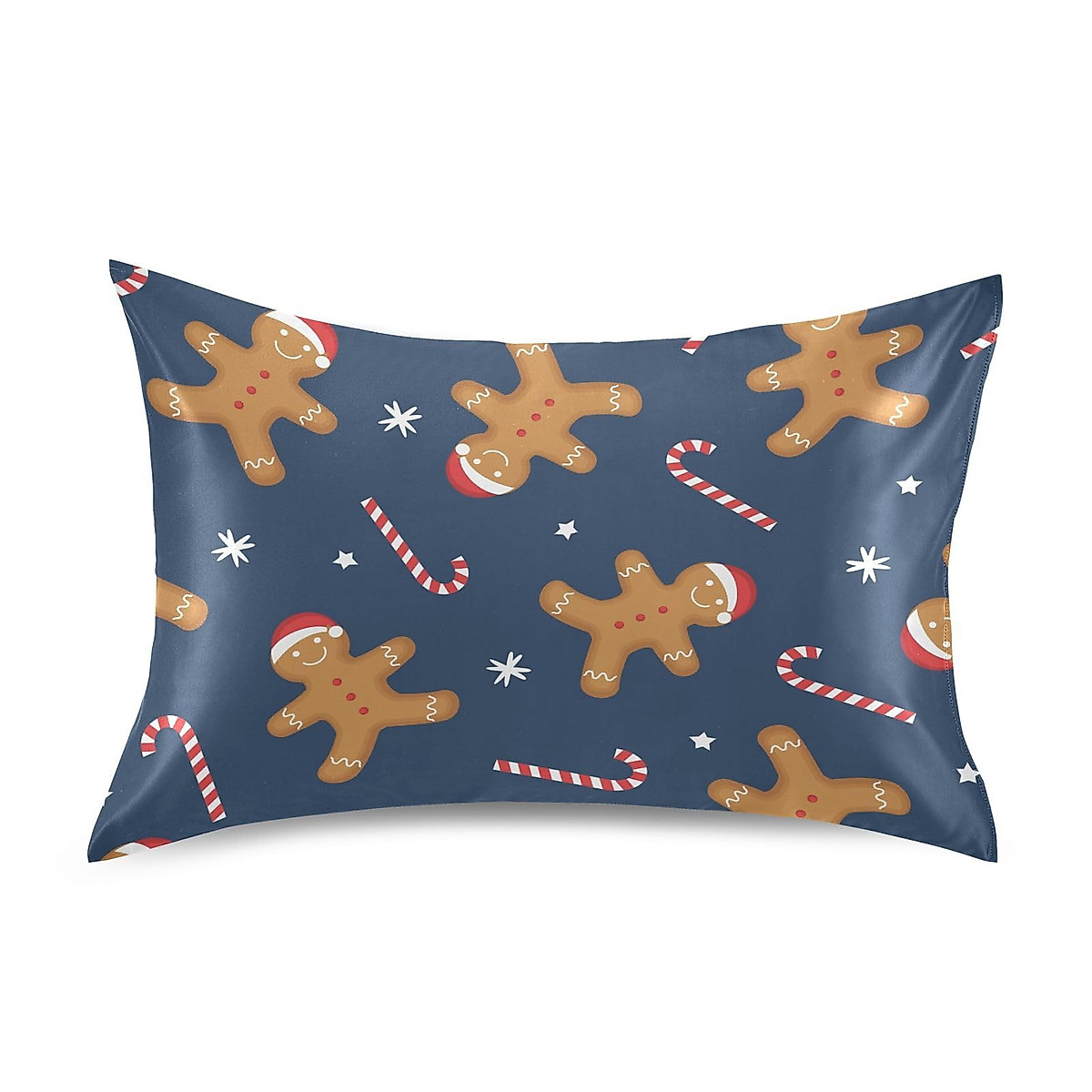Christmas Gingerbread Man Blue Pillow Covers Silk Pillowcase for Hair and Skin Breathable & Silky Soft Satin Pillowcase Standard Size Pillow Case for Women Hot Sleepers, Night Sweats Bed (20x26 Inch)