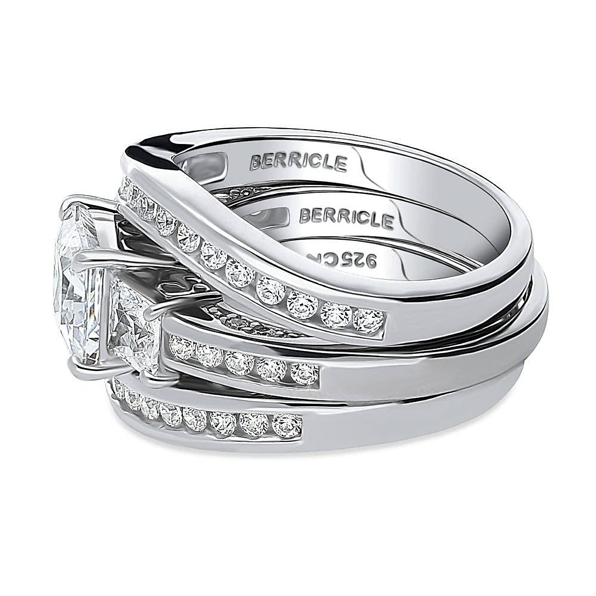 BERRICLE Sterling Silver 3-Stone Wedding Engagement Rings Princess Cut Cubic Zirconia CZ Ring Set for Women, Rhodium Plated Size 7