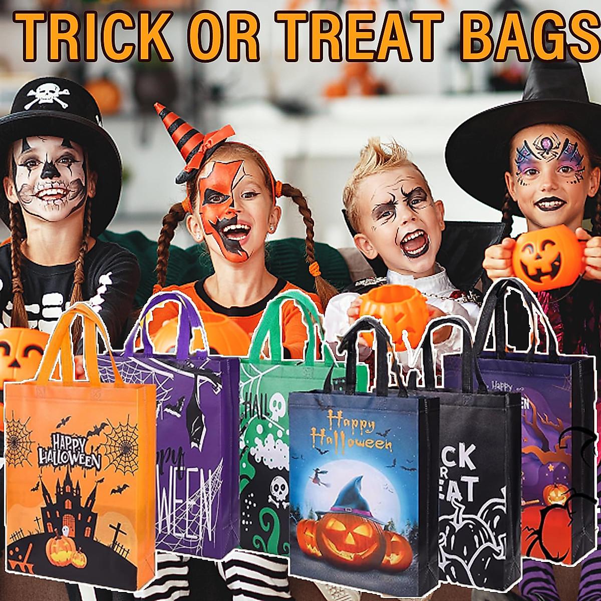 Halloween Trick or Treat Bags, Large Halloween Tote Bags with Handles Halloween Candy Bag Reusable Non-Woven Halloween Bag for Gifts Wrapping, Trick or Treat, Halloween Party Supplies 15"×11.8"×3.9"