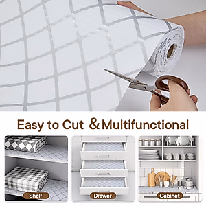 Shinlendid Drawer and Shelf Liner for Kitchen Cabinets, Non-Adhesive Strong Grip Cabinet Liners for Dressers, Durable Waterproof Anti Slip Cupboard Liner, White/Sliver, 12 in x 10 Feet