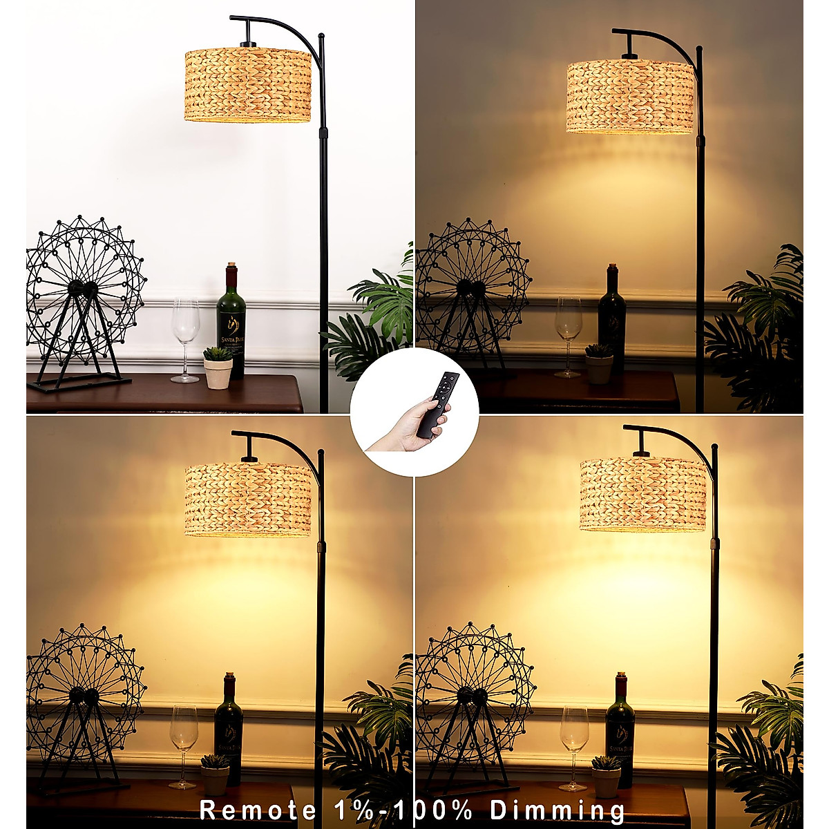 QIYIZM Floor Lamp for Living Room Bedroom Farmhouse Arc Rattan Boho Standing Lamp with Remote Dimmable Black Wicker Bamboo Lamp Shade Floor Light Adjustable Tall Lamp Industrial Floor Lamps Bohemian
