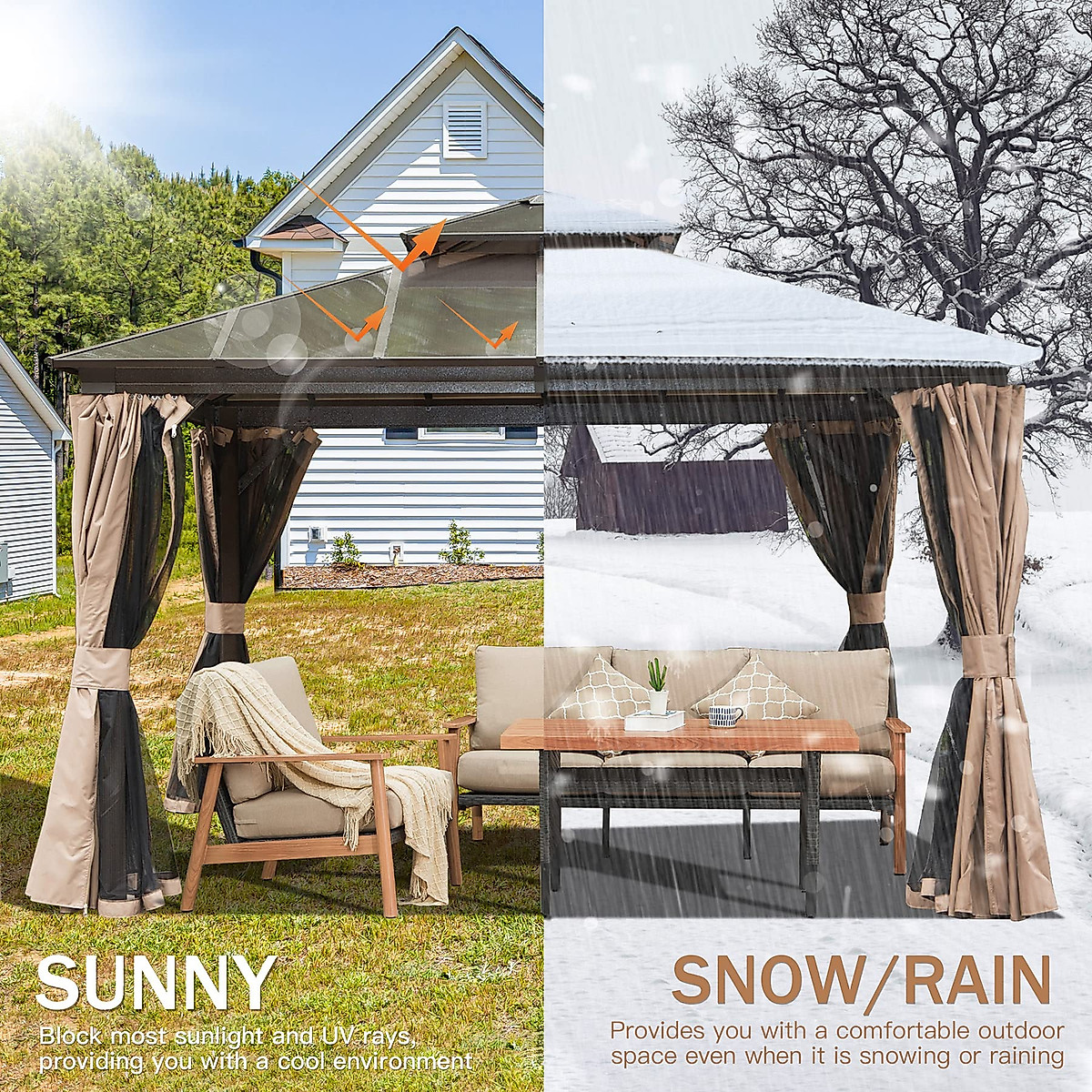 Domi Outdoor Living 12’ x 12’ Hardtop Gazebo, Outdoor Aluminum Frame Canopy with Polycarbonate Double Roof, Outdoor Permanent Metal Pavilion with Curtains and Netting for Patio, Backyard and Lawn