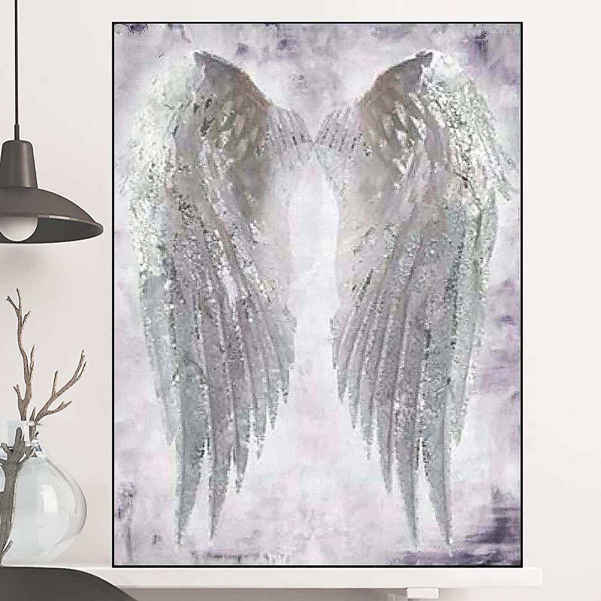 DIY 5D Diamond Painting Kits White Angel Wing Full Drill Round Diamond Art Paint by Number Kits for Beginner Crystal Cross Stitch for Wall Decoration 30x40cm