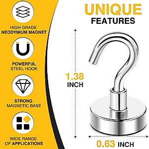 DIYMAG Magnetic Hooks, 25Lbs Strong Heavy Duty Cruise Magnet S-Hooks for Classroom, Fridge, Hanging, Cabins, Grill, Kitchen, Garage, Workplace and Office etc, (6 Pack-Silver),Screw in Hooks