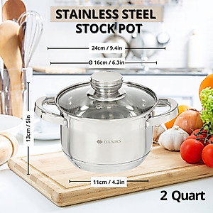 Daniks Standard Stainless Steel Stock Pot with Glass Lid | Induction 2 Quart | Dishwasher Safe Pot | Measuring Scale | Soup Pasta Stew Pot | Silver