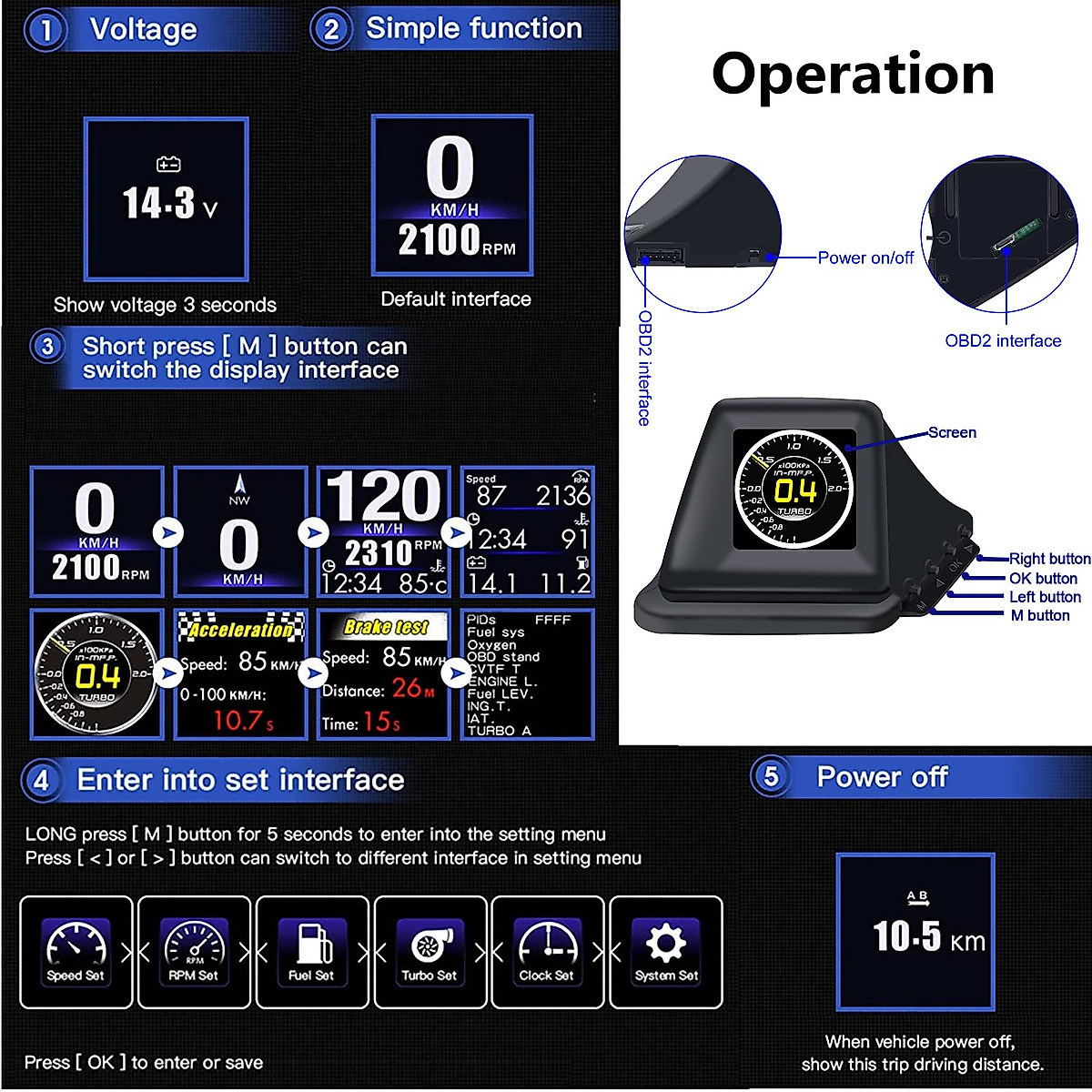 Geloo Car HUD Head Up Display, OBD2 HUD Display with OBDII GPS Dual System OBD2 Speedometer Gauge 8 Modes Multifunction Gauge Dashboard Display Smart Gauge can Installed Dashboard or A-Pillar Trim