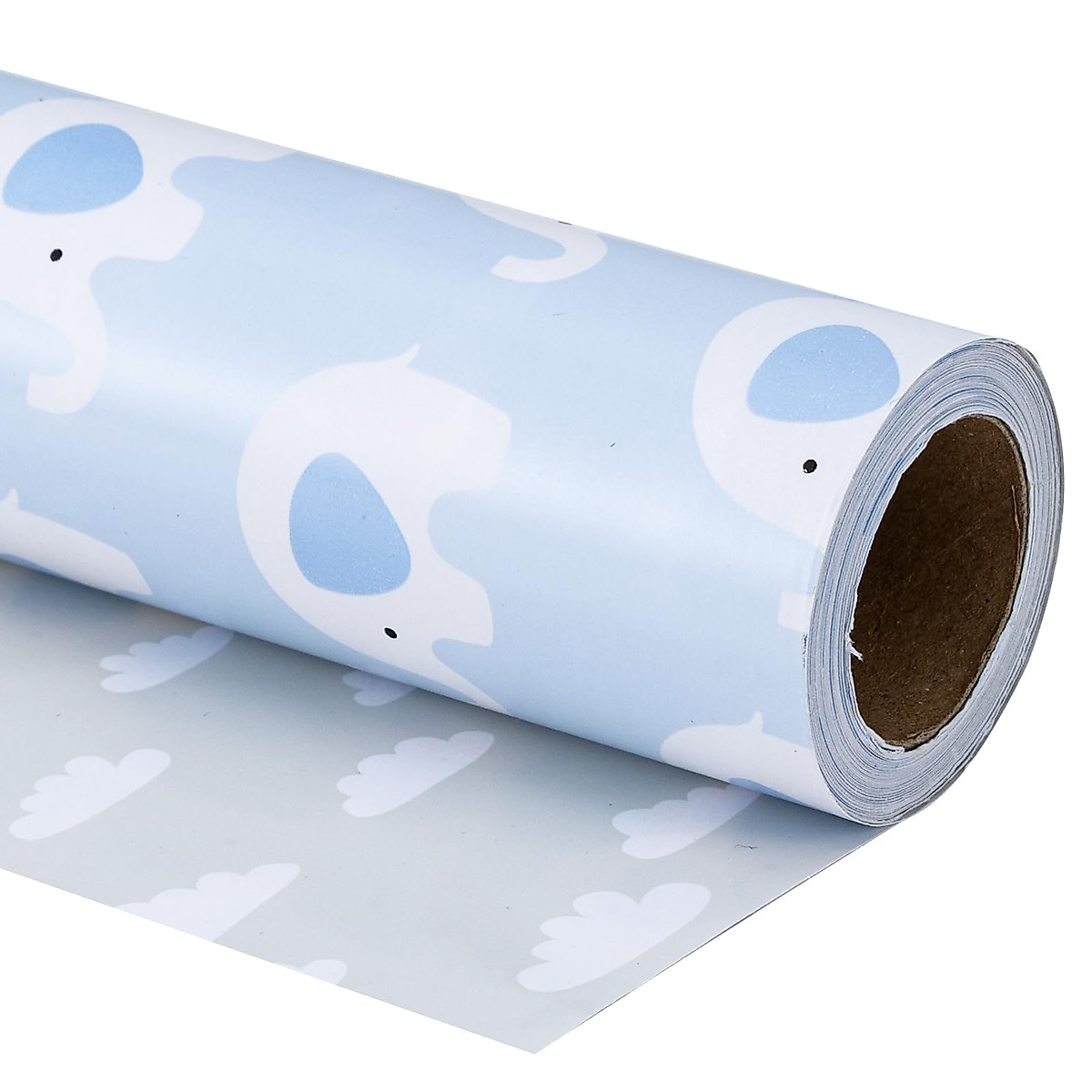 LeZakaa Reversible Baby Shower Wrapping Paper - Elephant in Blue & Cloud in Gray for Baby Boy - 17 inches x 32.8 Feet (46.45 sq.ft.)