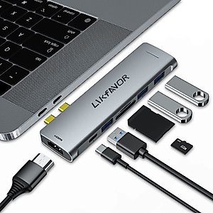 USB C Hub, LIKFAVOR USB C Dongle Adapter for MacBook Pro/Air, 7 in 2 Type-C Multiport Adapter with 4k HDMI Output, 3 USB 3.0, SD/TF Card Reader, Power Delivery 100W Thunderbolt 3 Ports