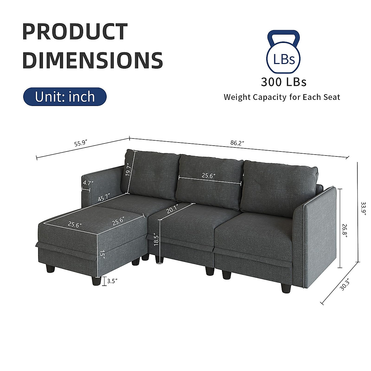 LLappuil Modular Sectional Sofa with Reversible Chaise, L Shaped Sofa with Ottoman, 4 Seater Sectional Corner Couch with Storage, Black