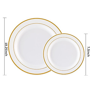 WDF 120 pieces Gold Disposable Plastic Plates - White and Gold Plates Include 10.25" Dinner Plates & 7.5" Salad Plates for Weddings and Party