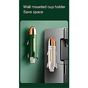 Jaugufiy Rocket Shape Disposable Paper Cup Dispenser Wall Mounted Cup Storage Disposable Cup Holder with Tea Bag Storage Box for Home Office (Green)