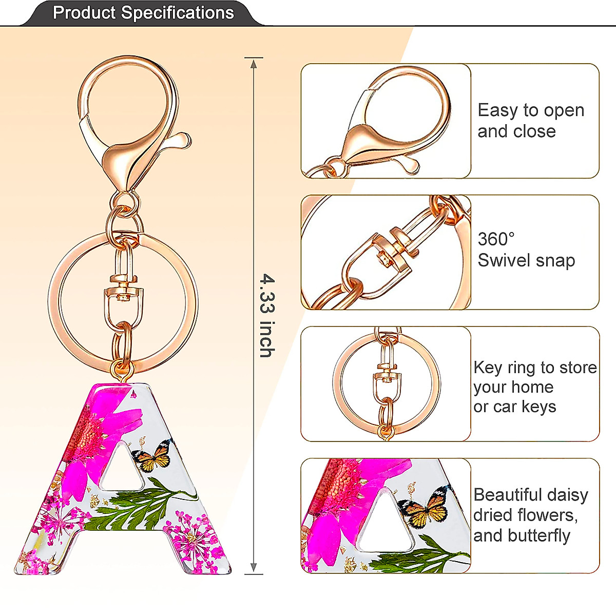 Initial Letter Butterfly Flower Pink Keychain Birthday gifts for Women Girl Backpack Wallet Car Key Cute Bling Keychain