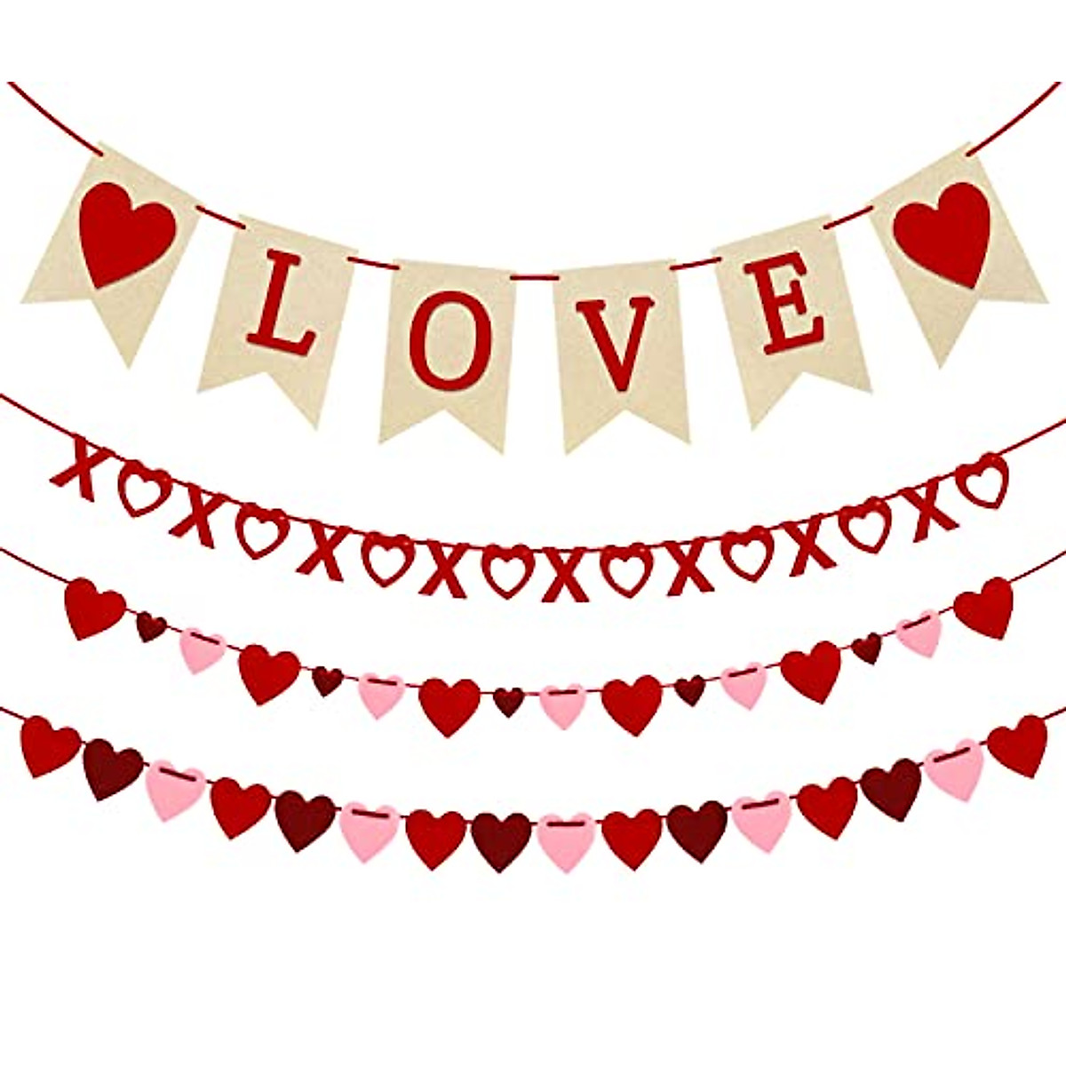 4Pcs Valentines Day Decorations Valentine's Day Decor Set Felt Love Heart XO Garlands Banner for Engagement Wedding Party Home Classroom Office, No DIY Required