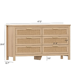 Keehusux Rattan 6 Drawer Dresser for Bedroom, Wooden Storage Chest of Drawers with Metal Handles, Double Dresser Chest for Living Room, Entryway, Natural KES002MDG