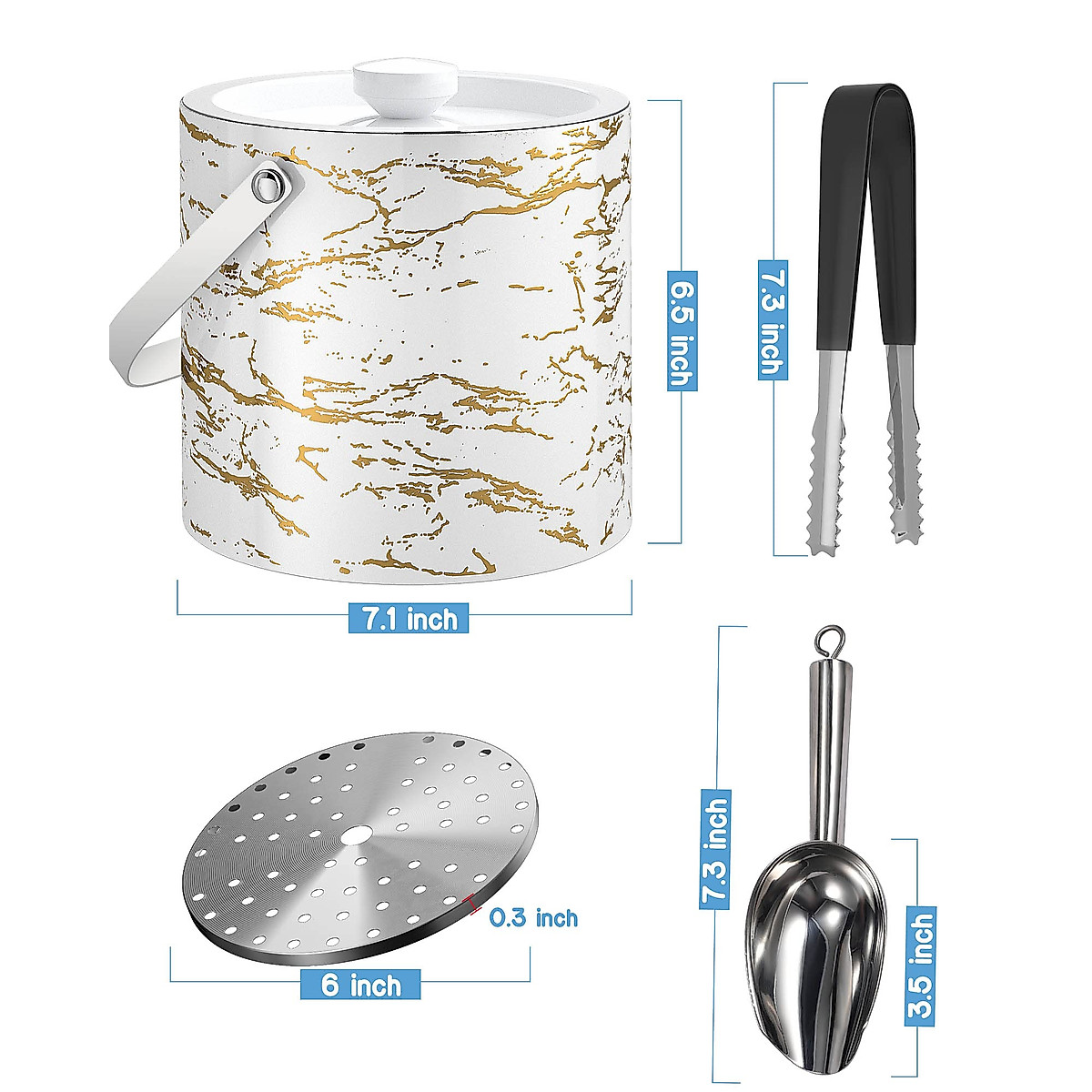 AYOTEE Ice Bucket with Lid,Scoop,Tongs,Strainer and Handle-Stainless Steel Insulated Ice Bucket Keeps Ice Cold & Dry, Great for Home, Party, Bar, Chilling Beer, Cocktail, Champagne and Wine Bottle-3L