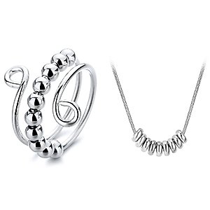 KUYN For Daughter - Drive Away Your Anxiety Circle Beads Fidget Ring And Necklace, S925 Sterling Anxiety Ring Anxiety Necklace for Women, Adjustable Open Ring with Beads Spinner Ring (Silver)