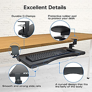 Ergonomic Under Desk Keyboard Tray with Curved Design, C-Clamp Mount, Smooth Sliding Rails, and Durable Steel Construction for Comfortable and Efficient Workstation