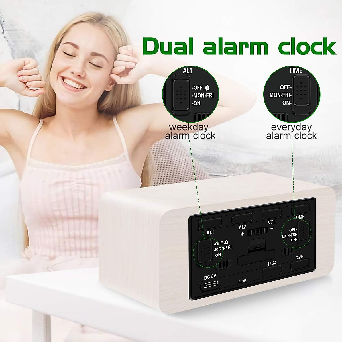MOSITO Digital Wooden Alarm Clock with Wireless Charging, 0-100% Dimmer, Dual Alarm, Weekday/Weekend Mode, Snooze, Wood LED Clocks for Bedroom, Bedside, Desk, Kids (White)