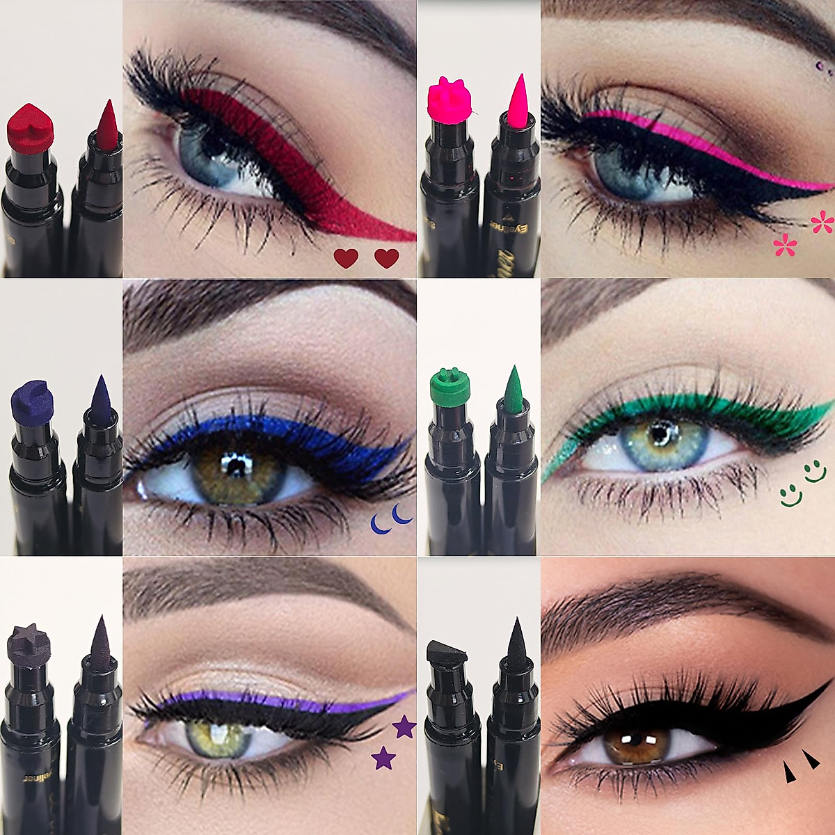 Jutqut 6Pcs Double-head Liquid Stamp Eyeliner, Colored 6 in 1 Stars Flowers Hearts Moon Smiley Face Triangle Stamps Makeup Stamp Set, Waterproof Slim Gel Felt Tip Liquid Eyeliner Colorful Set Wingliner Shapes