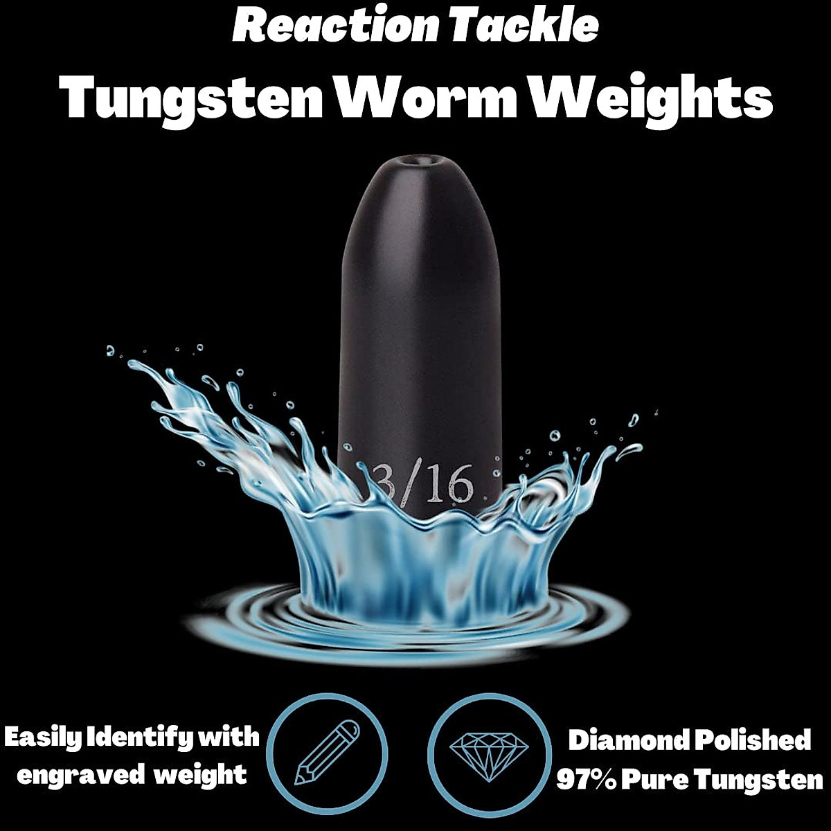 Reaction Tackle Tungsten Bullet Fishing Weights/Worm Sinkers for Bass Fishing - 3/8 Never Chip Black