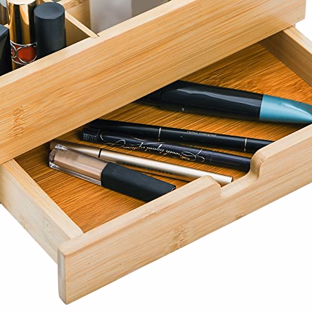 Suwimut Bamboo Makeup Organizer with Drawers, Multi-functional Cosmetic Display Case with 9 Sections for Bathroom, Countertop, Dresser, Wooden Vanity Organizer for Beauty Supplies