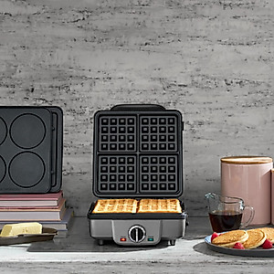 Cuisinart WAF-300P1 4-Slice Belgian Waffle Maker and Pancake Plate Bundle with Grill Brush, and 2 x Stainless Steel Tongs (4 Items)