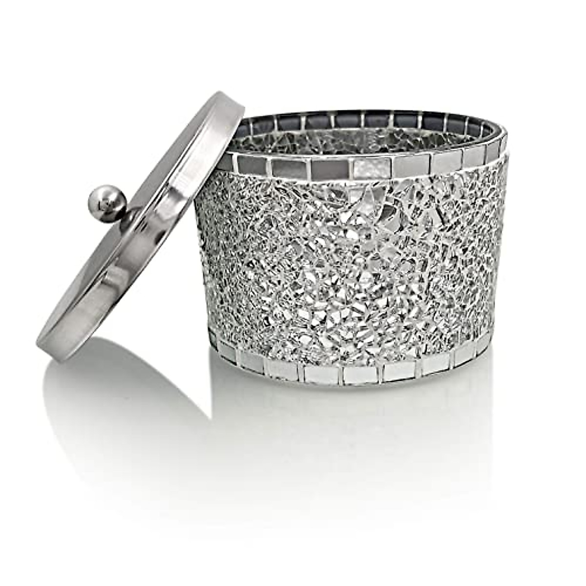 LushAccents Bathroom Accessories Set, 4-Piece Decorative Glass Bathroom Accessories Set, Soap Dispenser, Soap Tray, Jar, Toothbrush Holder, Elegant Silver Mosaic Glass