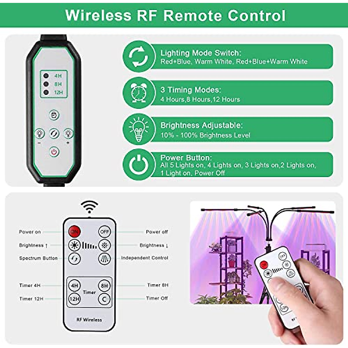 Aogled Grow Light with Stand,50W 5 Head LED Full Spectrum Indoor Plant Lamp with Remote Control,Adjustable Gooseneck,4/8/12H Timer and 10 Dimmable Brightness for Seed Starting Succulents Vegetables