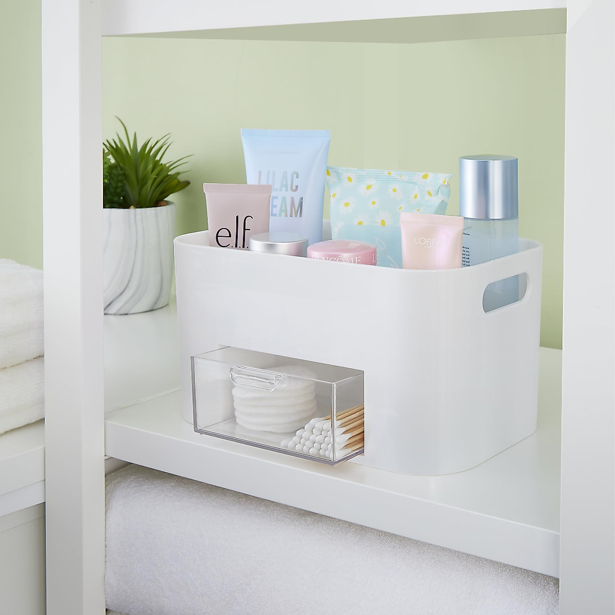 STORi Bliss White Makeup Organizer for Countertop, Divided Bathroom Organizer & Storage Drawer, Makeup Brush Holder, Cosmetic & Nail Polish Organizer, Made in USA