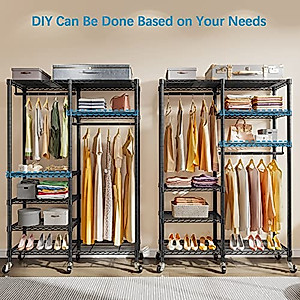 VIPEK R4 Rolling Garment Rack 6 Tiers Adjustable Heavy Duty Wire Shelving Clothes Rack with Double Rods and Lockable Wheels, Freestanding Wardrobe Closet Storage Rack Metal Clothing Rack, Black