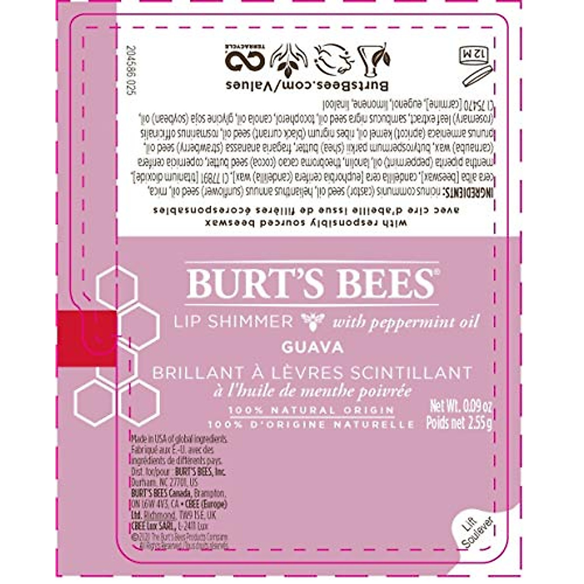 Burt's Bees 100% Natural Moisturizing Lip Shimmer, Guava, 1 Tube