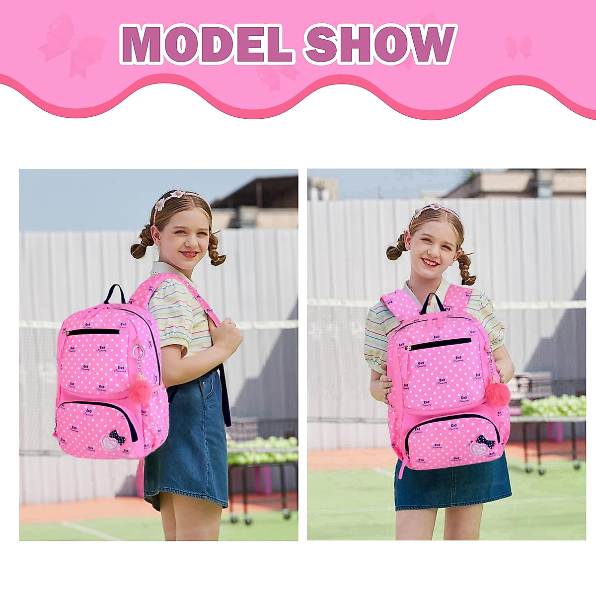 3Pcs Kids Backpack Bowknot Printed Daypack Girls 3 in 1 School Bag with Shoulder Bag and Pencil Bag