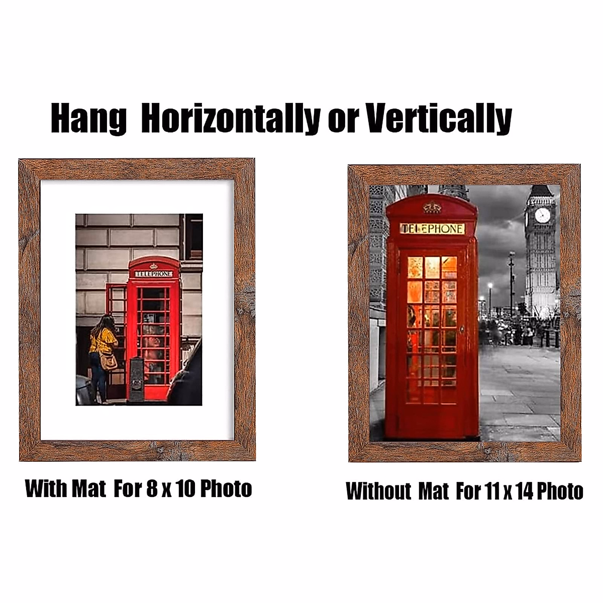 PWTAKO 11x14 Picture Frame Set of 6, Display Pictures 8x10 with Mat or 11x14 Without Mat for Wall Mounting,Rustic Brown