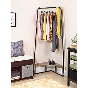 East Bank Designs Corner Garment Rack, Matte Black with Wood Grain Laminate Top