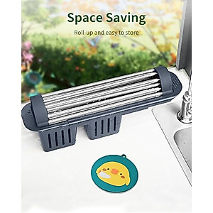 TREANY Expandable Roll Up Dish Drying Rack with Utensil Holder,Over The Sink Dish Drainer,304 Stainless Steel,Multipurpose,Best Gadget for Many Kitchen Task (14.5'' x 22.3'', Grey)